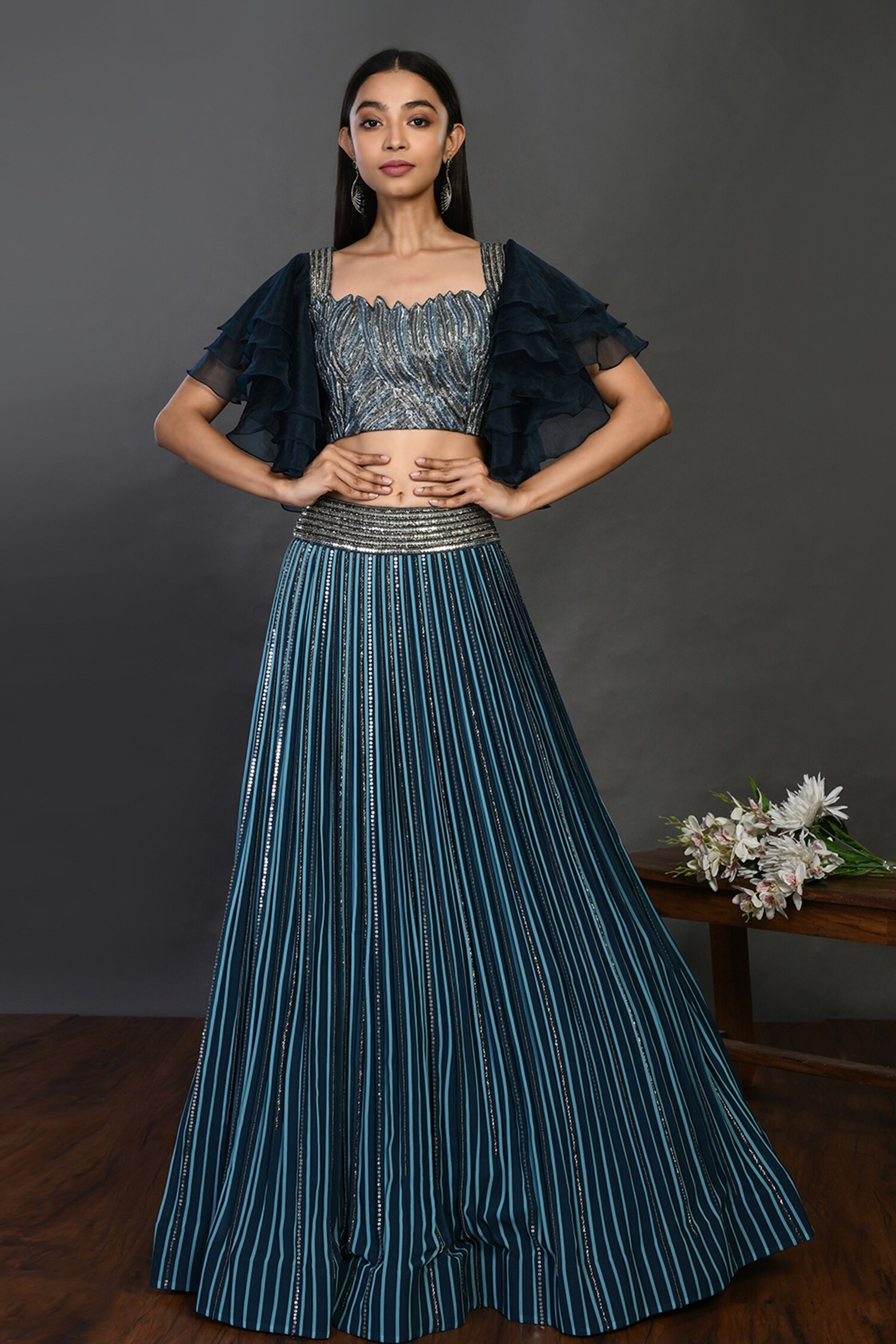Buy Onaya Blue Georgette Layered Ruffle Sleeve Choli And Lehenga Set ...