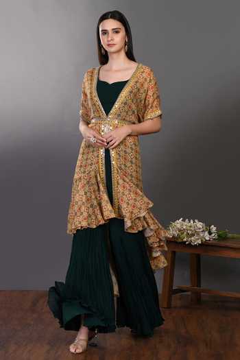 Buy Onaya Yellow Cotton High Low Shrug And Pleated Pant Set Online ...