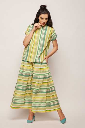 Buy Green Linen Cotton Striped Patterned Pleated Pant For Women by ...