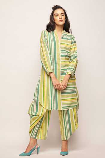 Buy Swati Vijaivargie Green Linen Cotton Striped Patterned Tunic Online ...