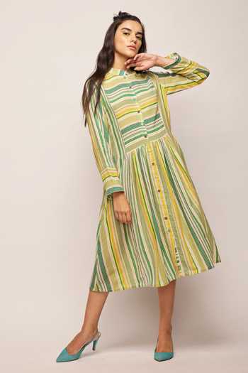 Buy Swati Vijaivargie Green Linen Cotton Striped Patterned Dress Online ...