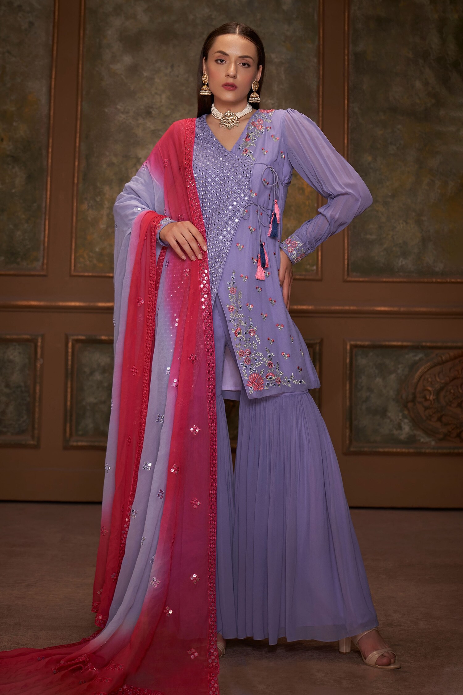 Buy Purple Georgette Embroidered Mirror And Thread: Floral Angarkha Set ...
