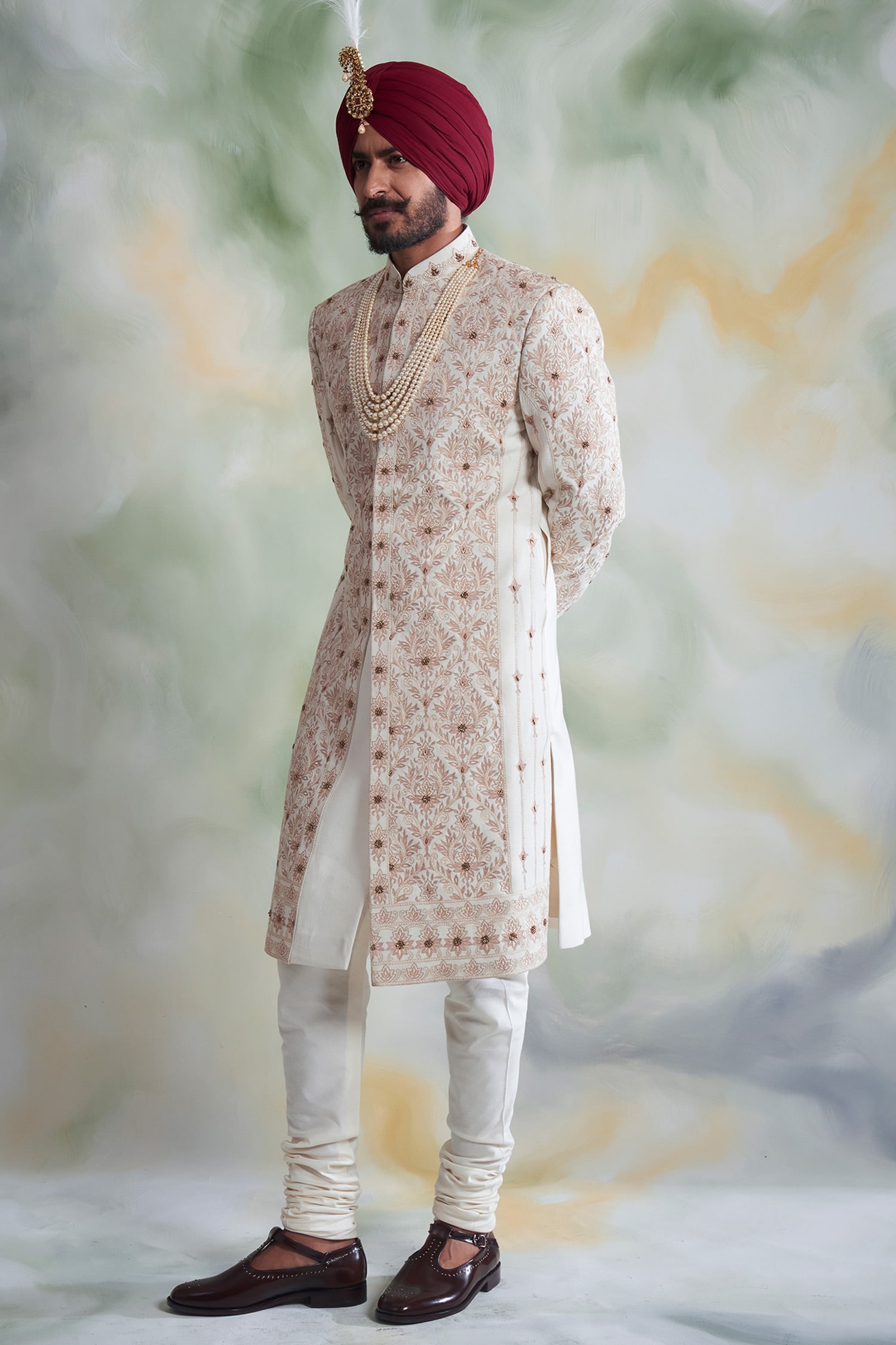 Buy White Raw Silk Embroidered Thread Work Floral Sherwani Set For Men ...