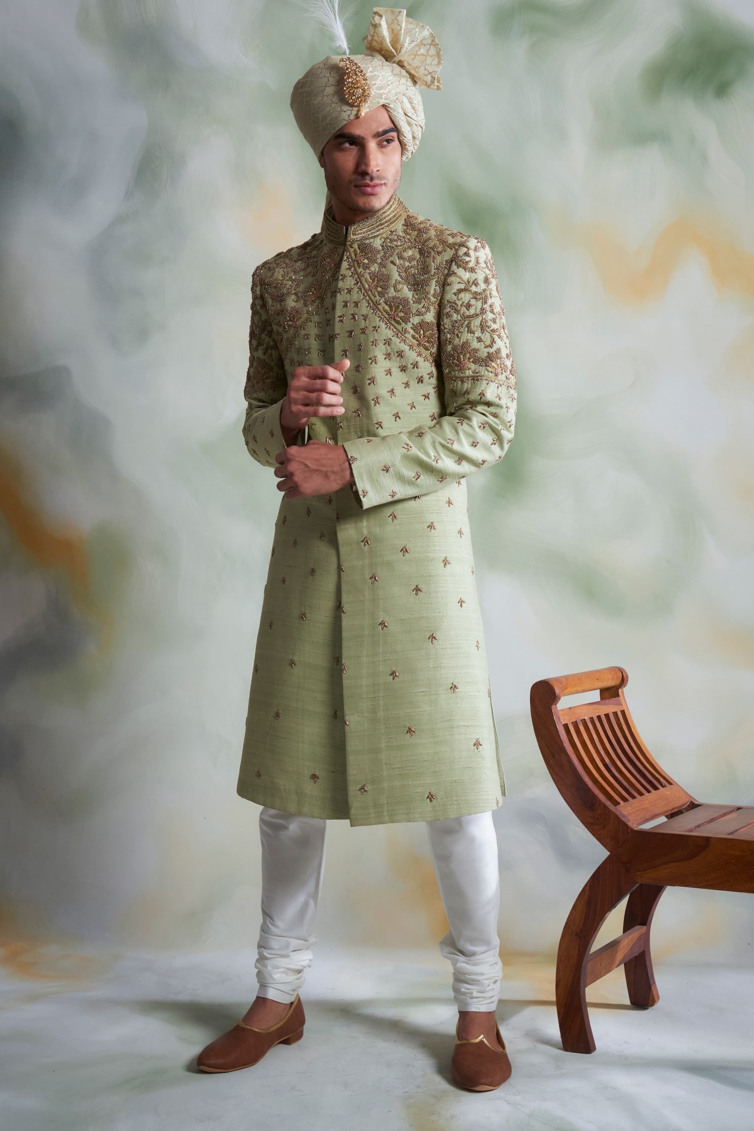 Buy Gargee Designers Green Raw Silk Floral Embroidered Sherwani Set ...