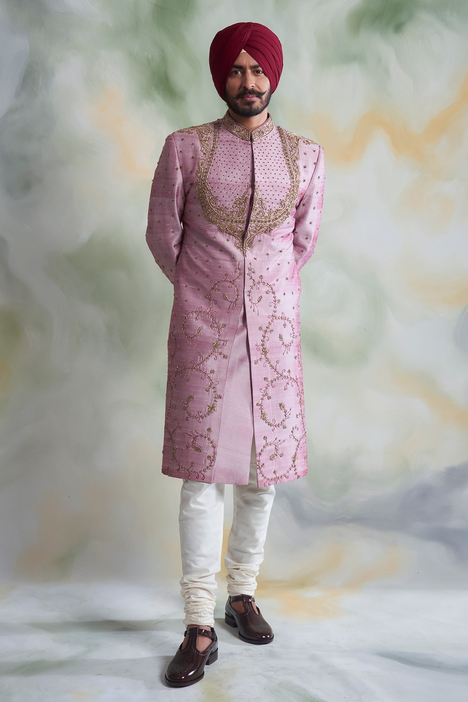 Buy Pink Raw Silk Embroidered Thread Work Floral Sherwani Set For Men ...