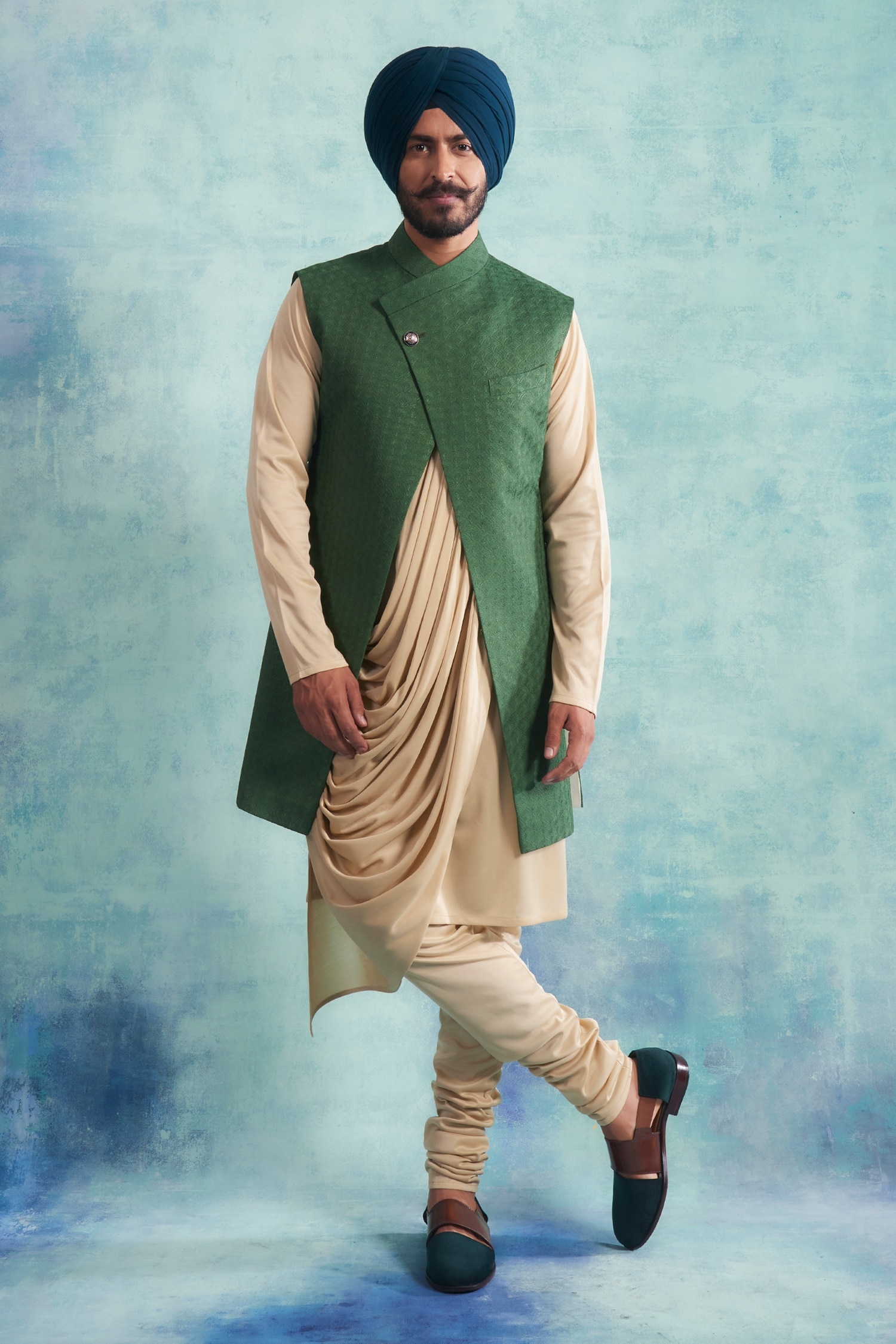 Buy Gargee Designers Green Cotton Silk Scallop Embroidered Jacket Kurta ...