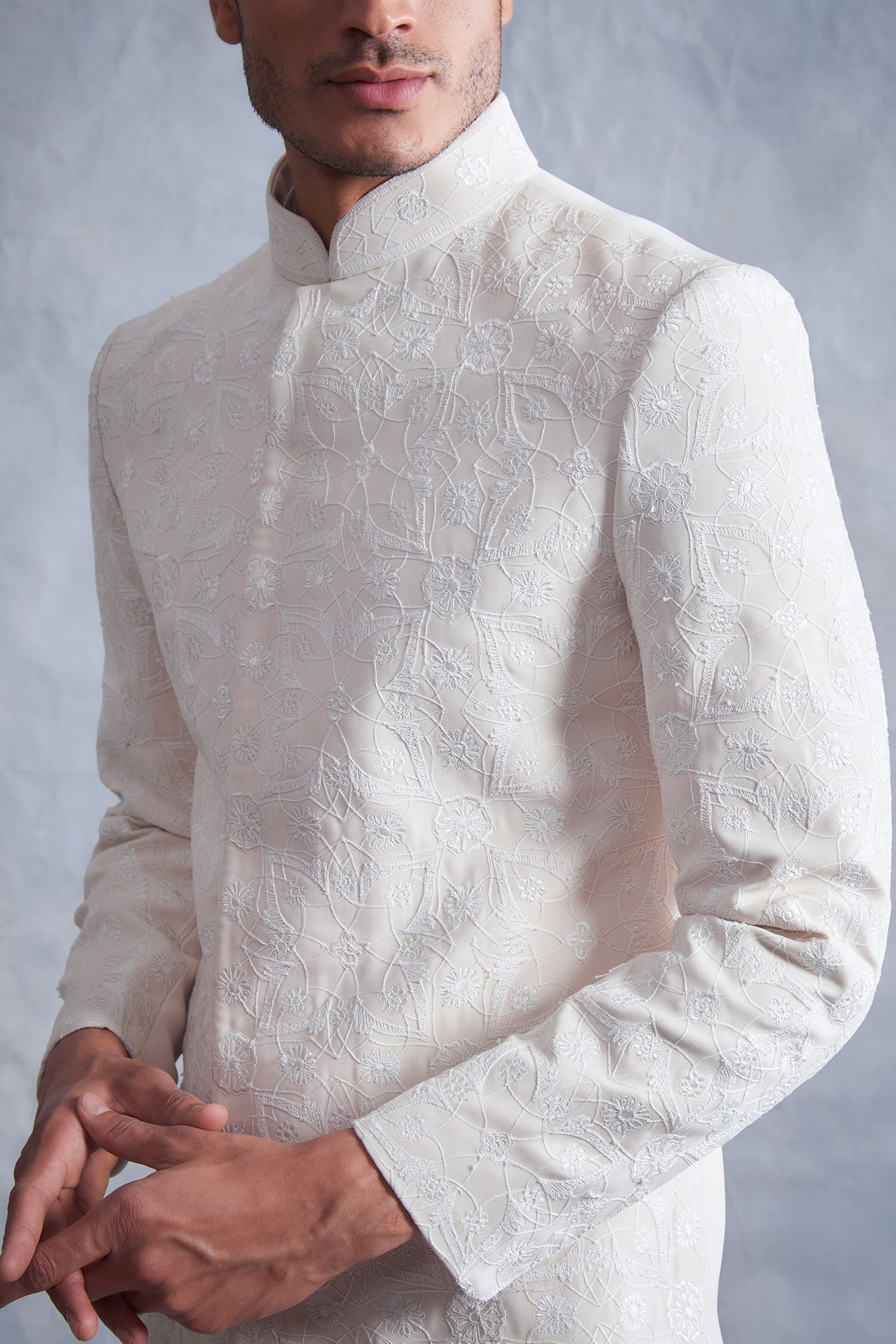 Buy Gargee Designers White Poly Viscose Floral Embroidered Bandhgala ...