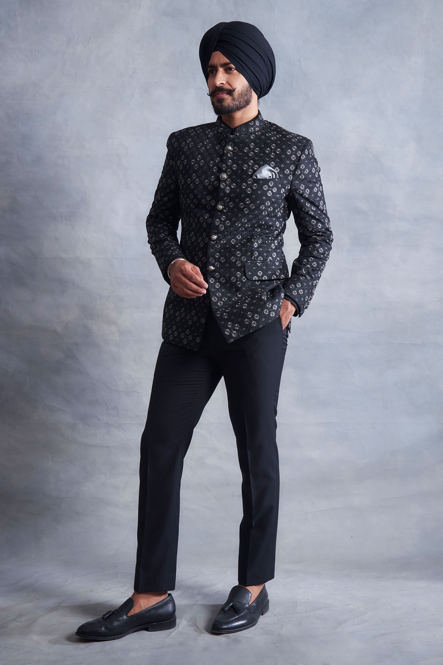 Buy Black Poly Viscose Embroidery Geometric Bandhgala Set For Men by ...