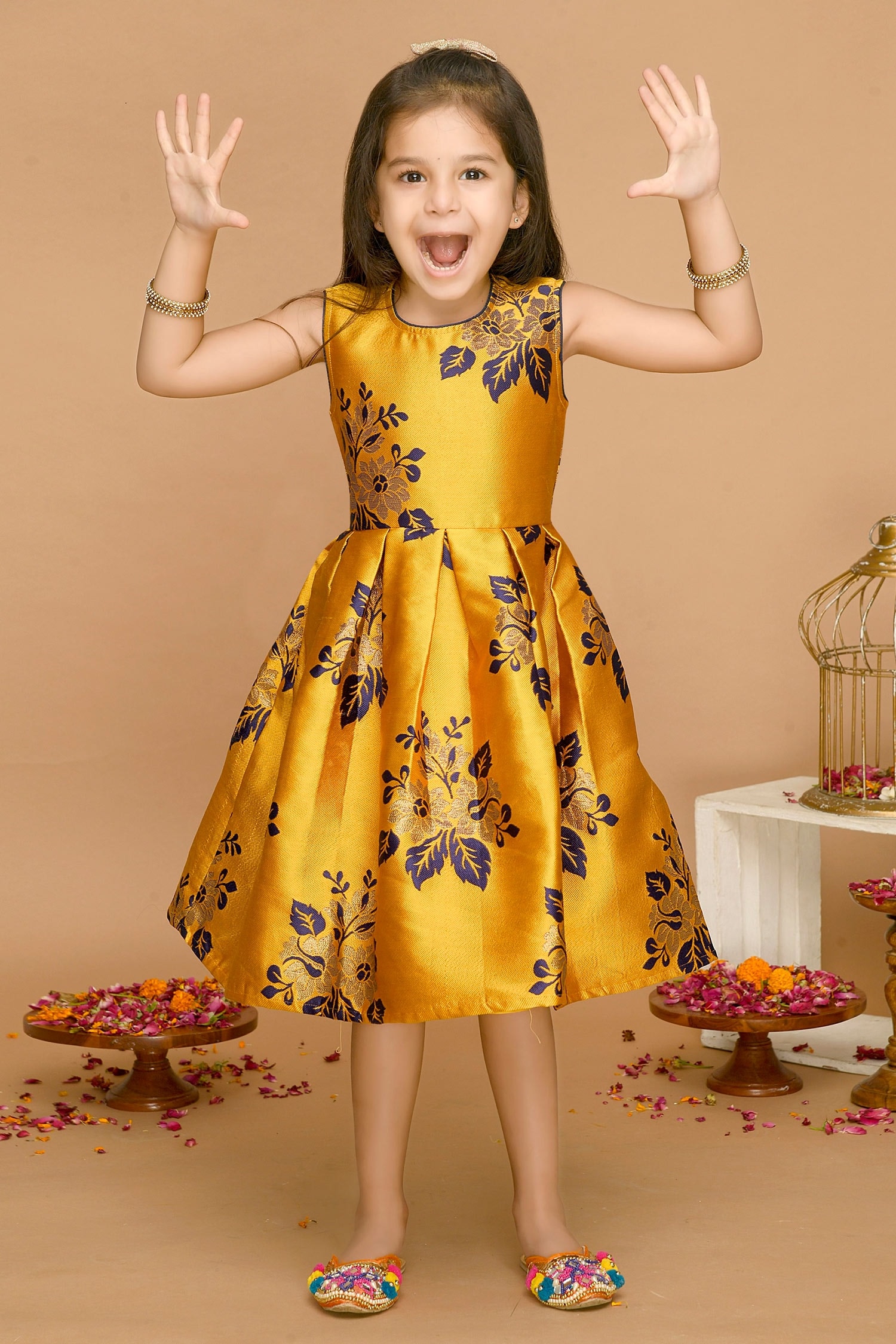 Buy Yellow Jacquard Woven Floral Dress For Girls by Saka Designs Online ...