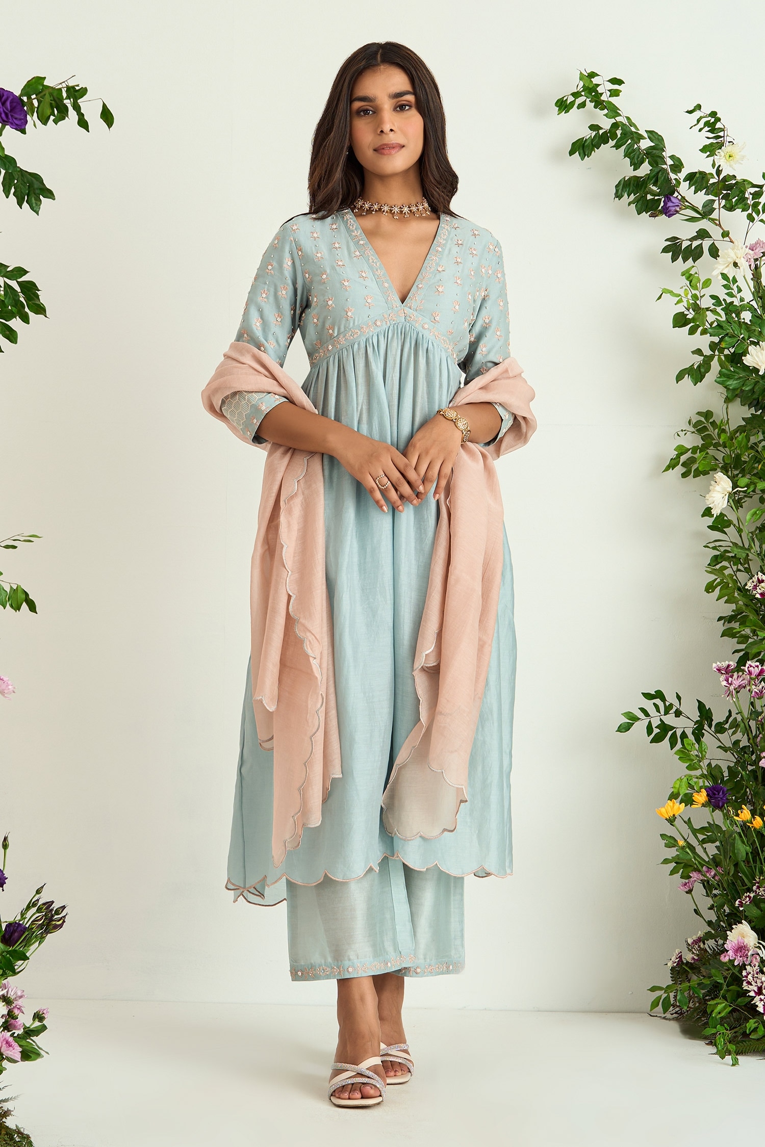 Buy Blue Silk Chanderi Embroidery Resham V Neck Anarkali Set For Women ...