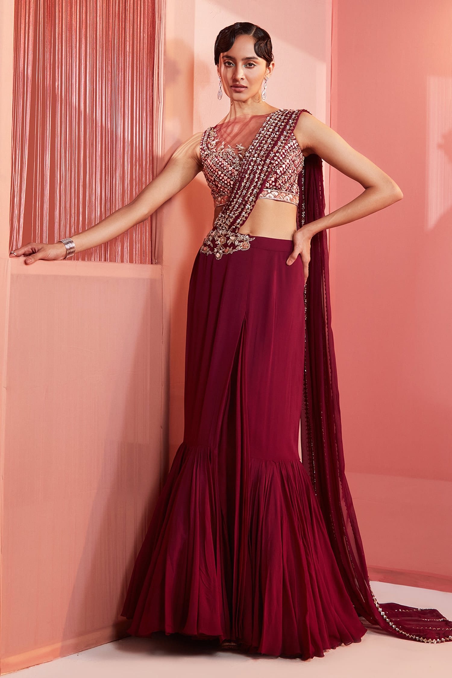 Buy Maroon Net And Georgette Lining Pre-stitched Saree With Blouse For ...