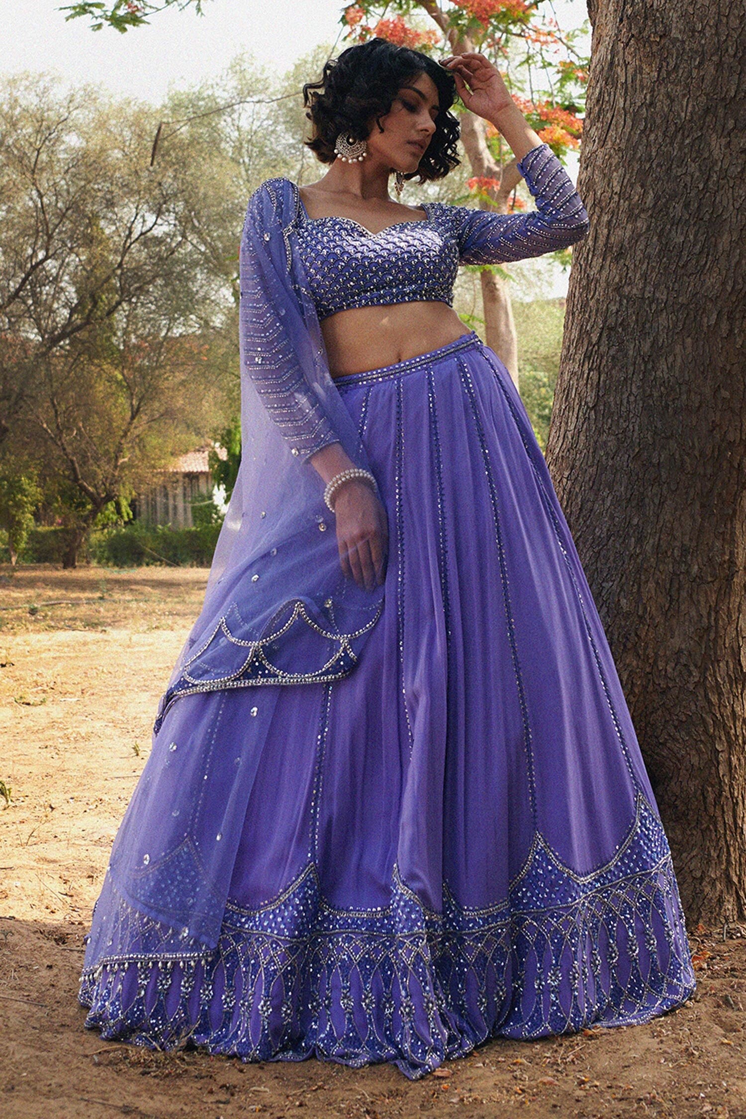 Buy Irrau by Samir Mantri Purple Net Sequin Embroidered Lehenga Set ...