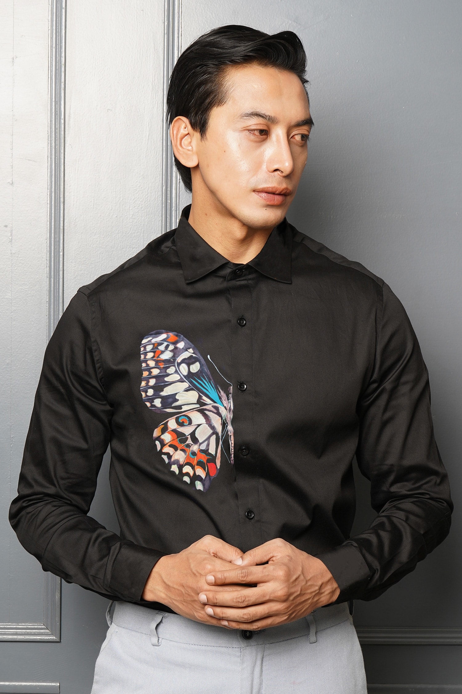 Buy Black 100% Cotton Hand Painted Butterfly Motif Morph Shirt For Men ...