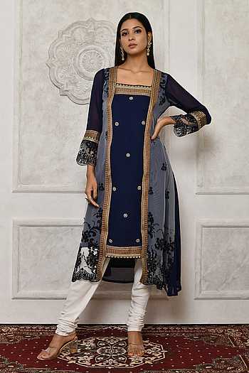 Buy Blue Georgette Embroidery Floral Square Neck Kurta For Women by ...