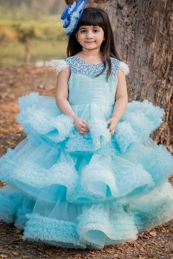 Buy Blue Net Embellished Sequin Pleated Frill Gown For Girls by Toplove ...