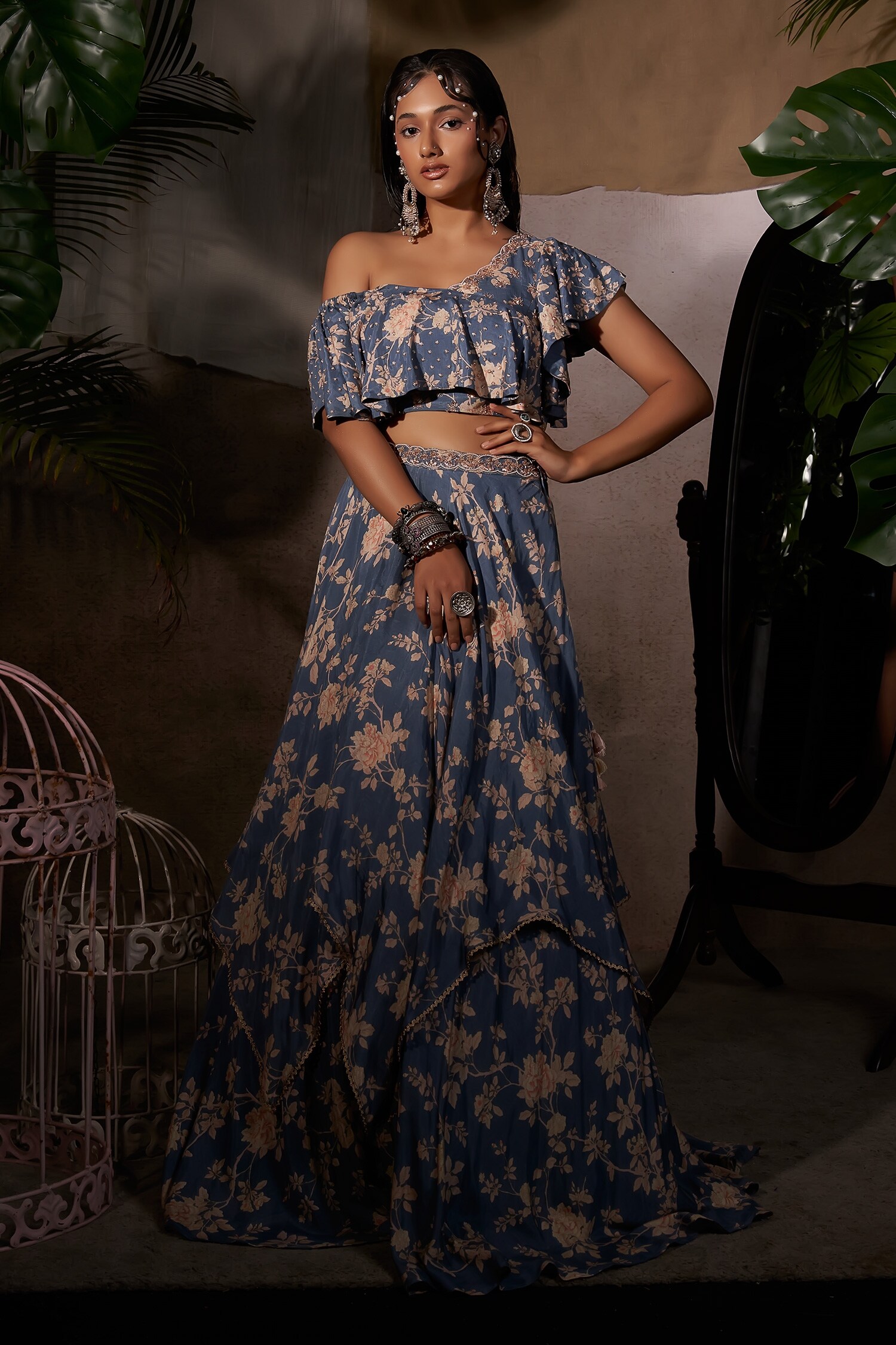 Buy Blue Muslin Silk Printed Floral One Shoulder Choli And Lehenga Set ...