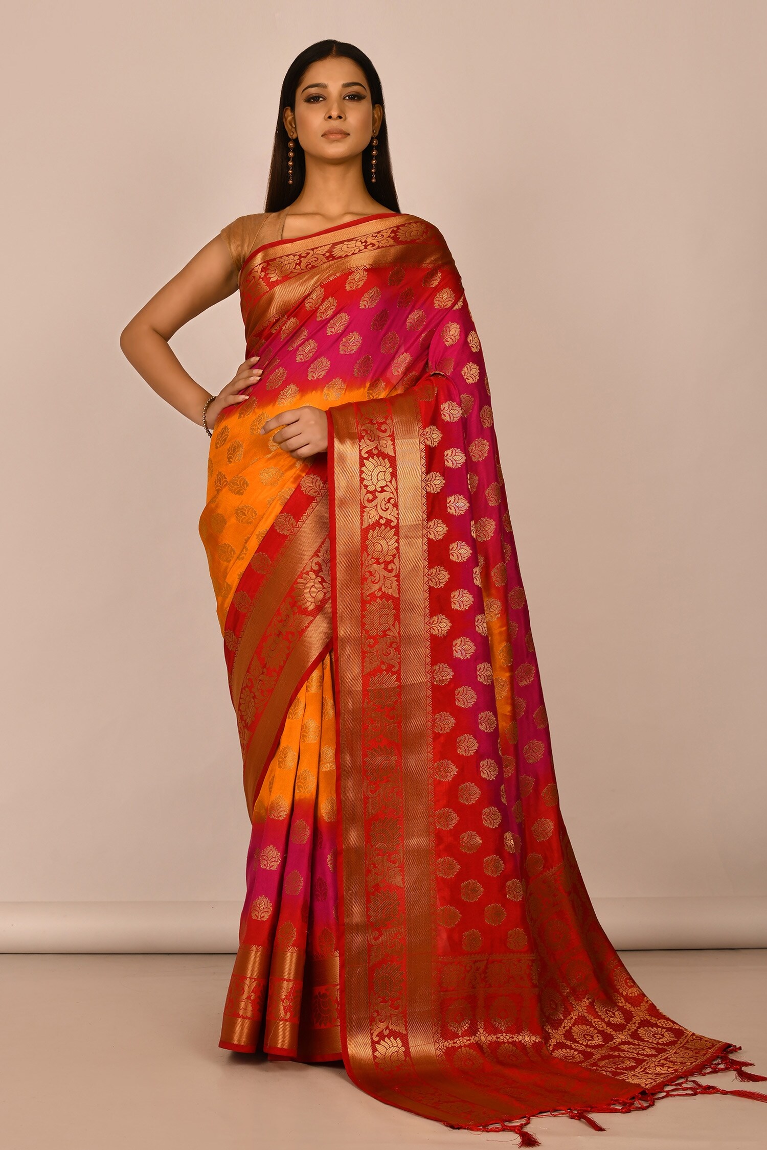Buy Orange Banarasi Silk Woven Checkered Tasseled Border Saree For ...