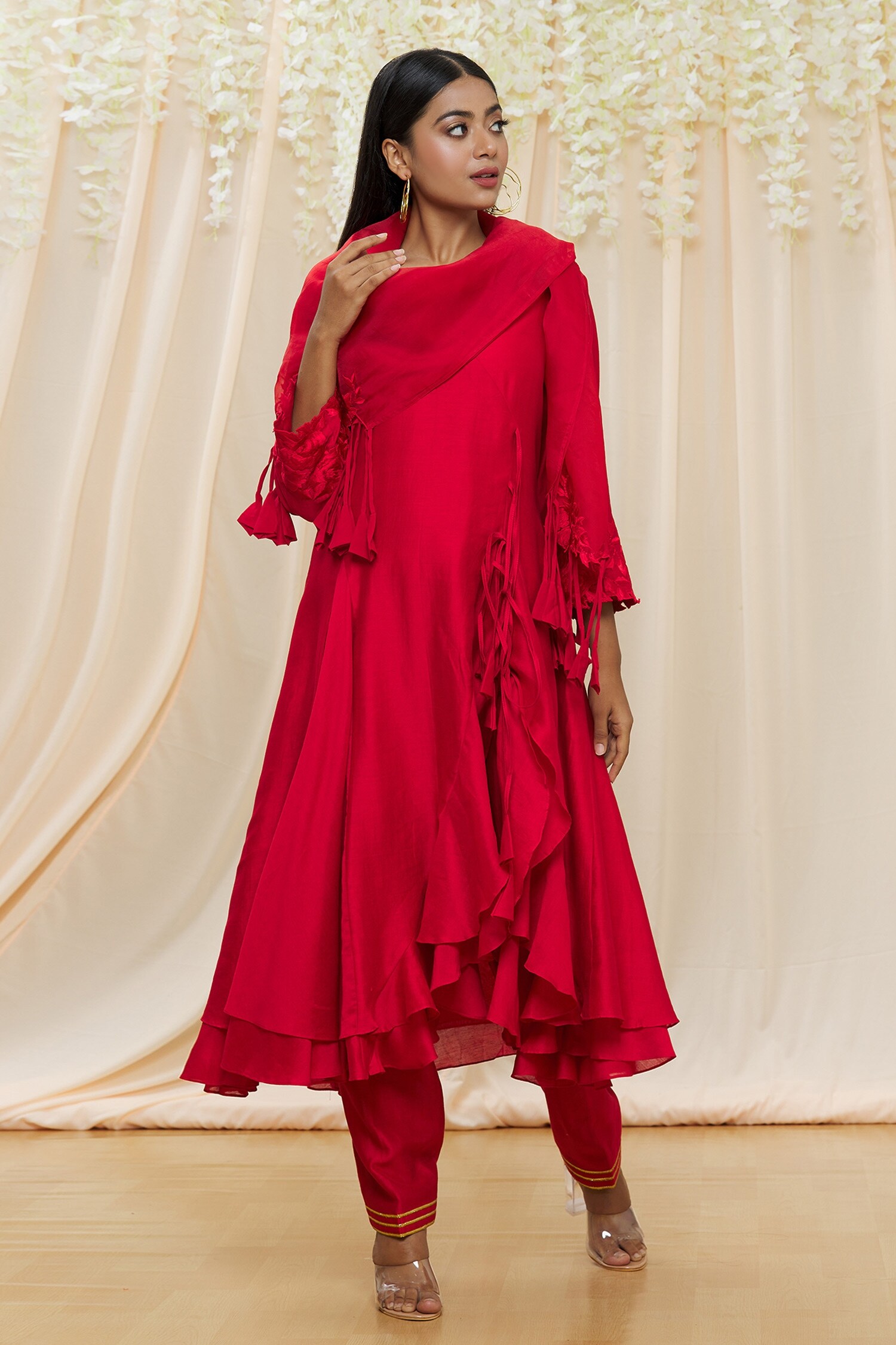 Buy Aikeyah Red Chanderi Angrakha Salwar Set Online | Aza Fashions