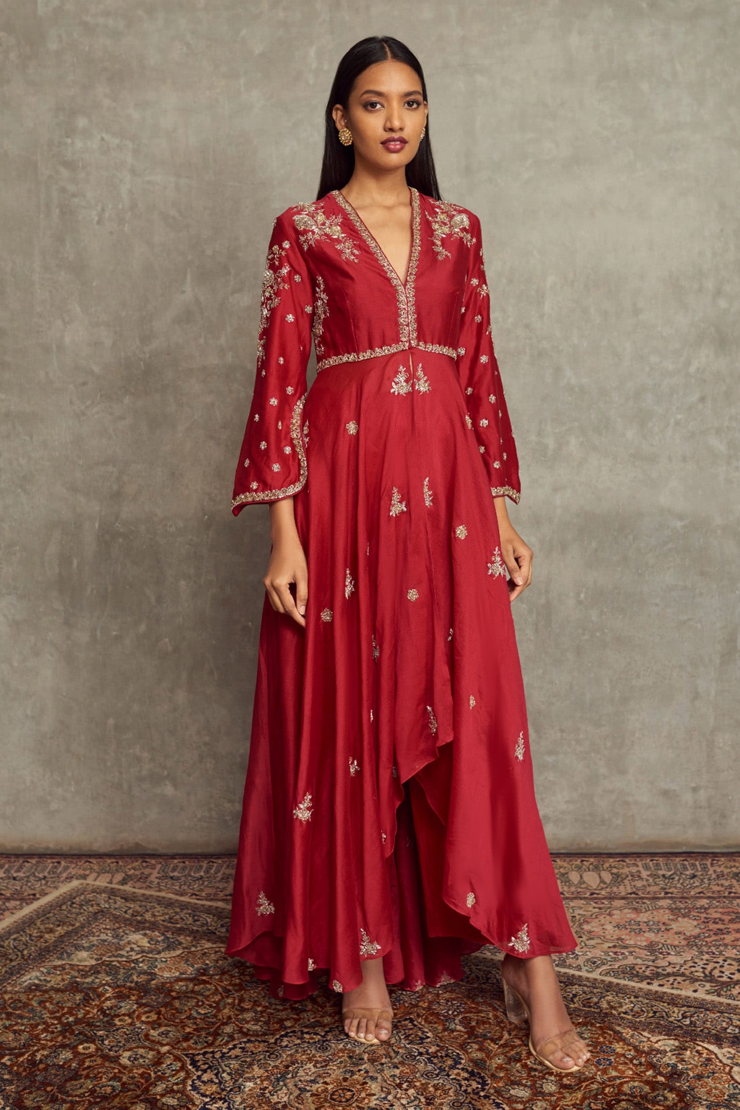 Buy Red Chanderi Silk Embroidered Floral V Neck Anarkali And Palazzo ...