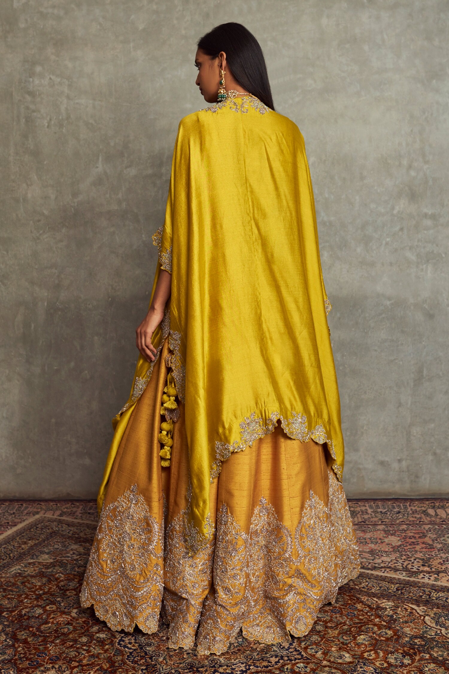 Buy Jayanti Reddy Yellow Raw Silk Embroidered Cape Lehenga Set Online ...