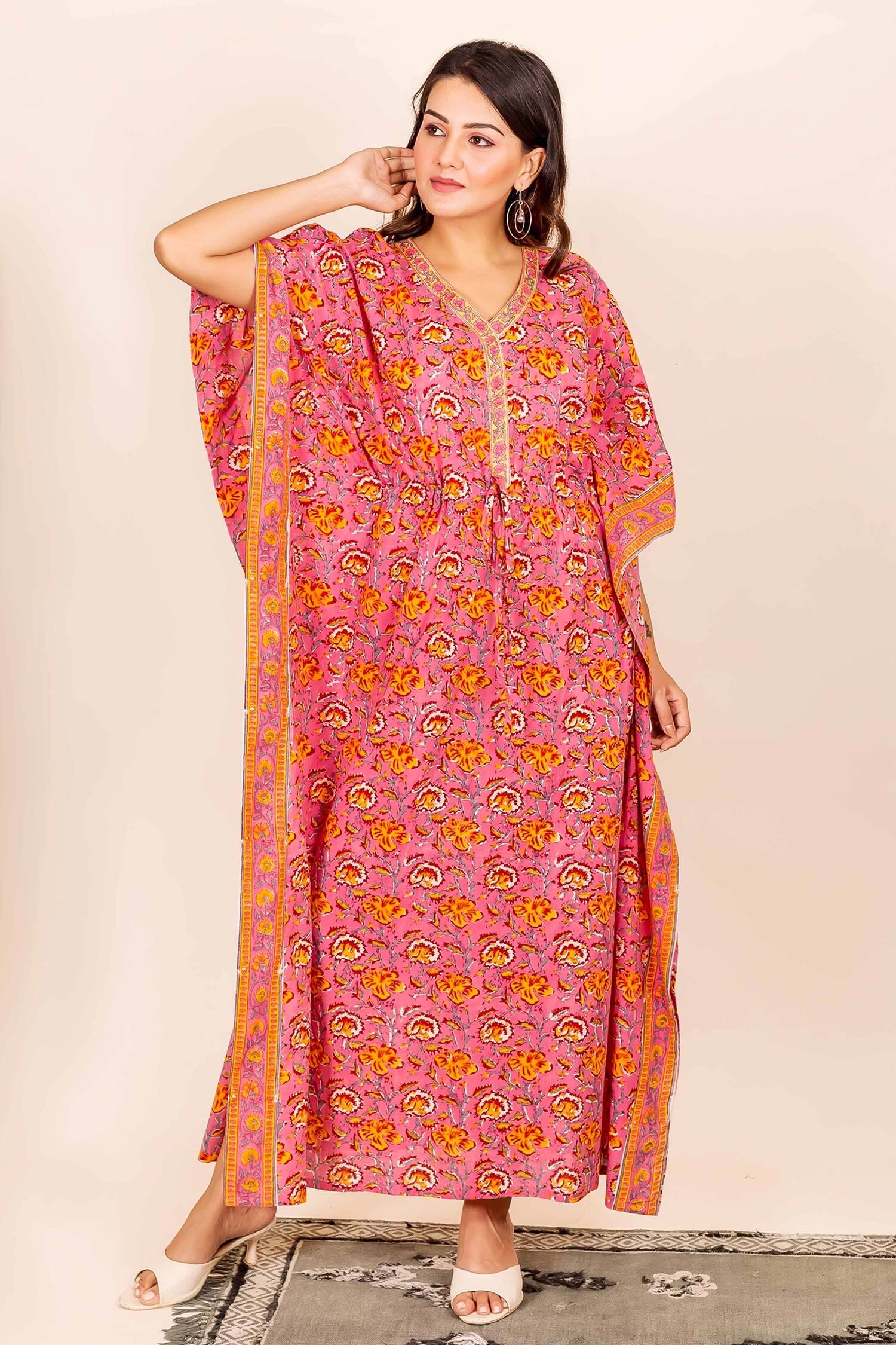 Buy Pink Cotton Printed Block V Neck Kaftan For Women by Missprint ...