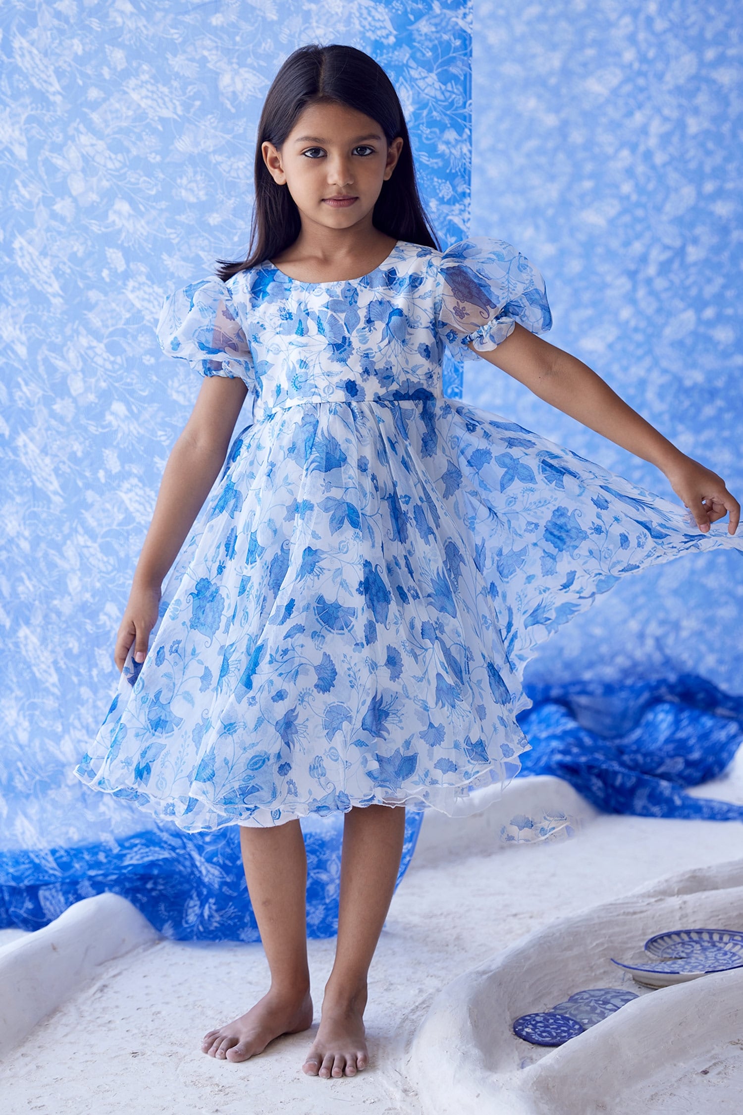 Buy Baise Gaba Blue Sneh Floral Print Dress For Girls Online | Aza Fashions