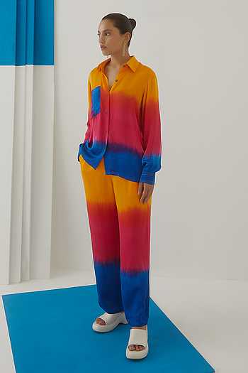 Buy Orange Vegan Silk Tie And Dye Spread Sunset Shirt & Trousers Set ...