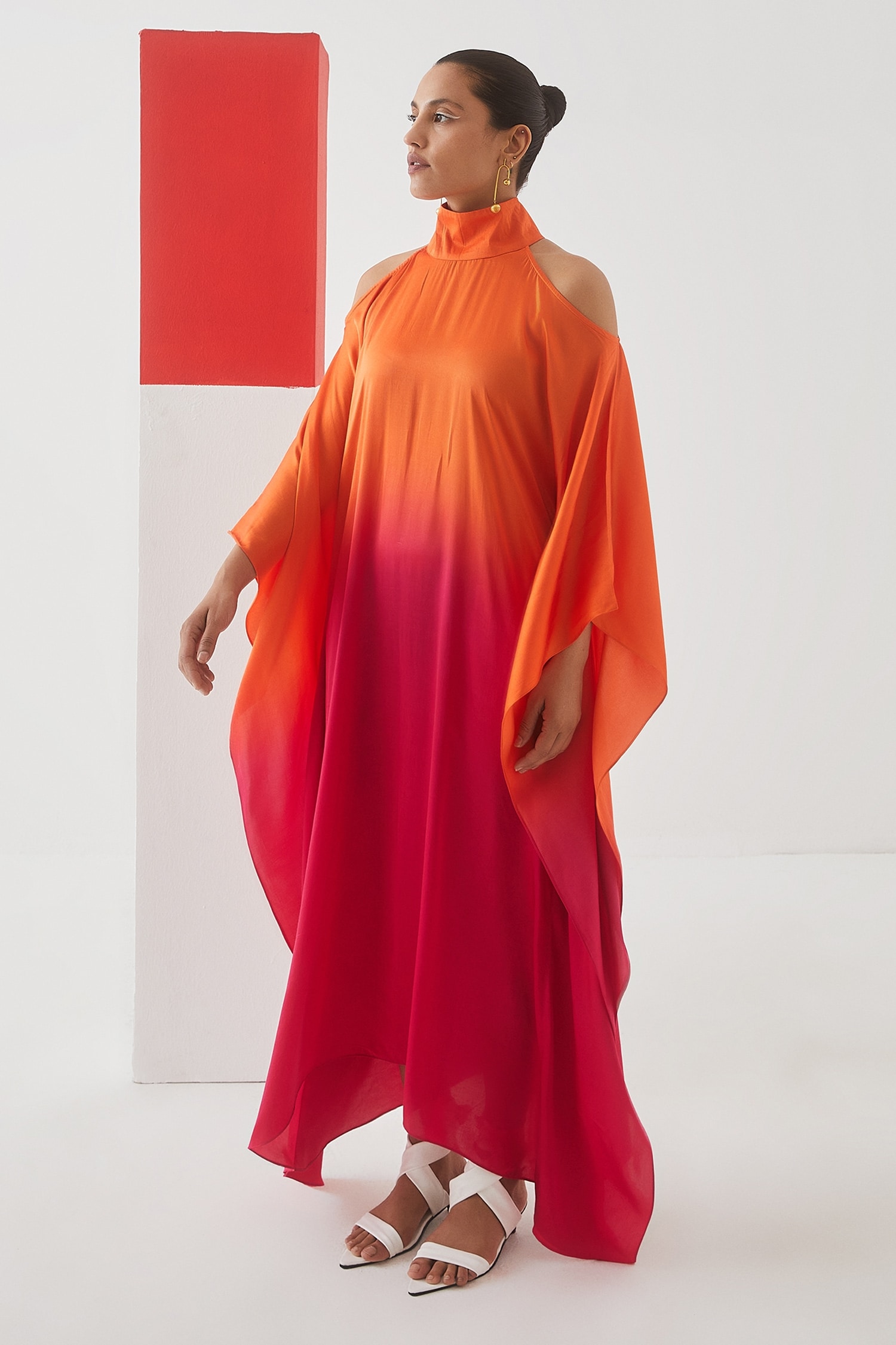 Buy Orange Vegan Silk Ombre High Cold Shoulder Gown For Women by Studio ...