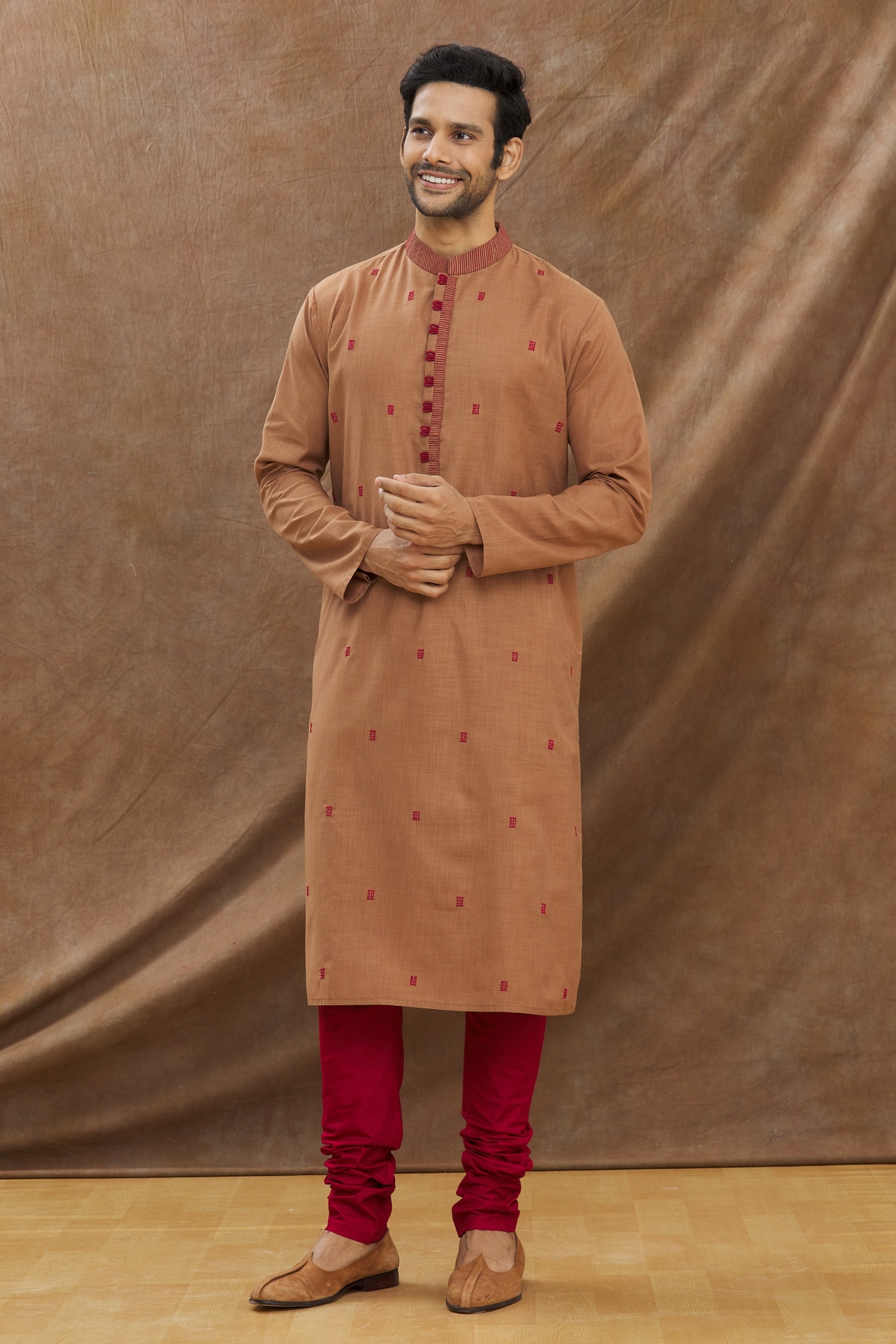Buy Brown Ruby Silk Embroidery Geometric Kurta Set For Men by Priyanka Haralalka Online at Aza ...