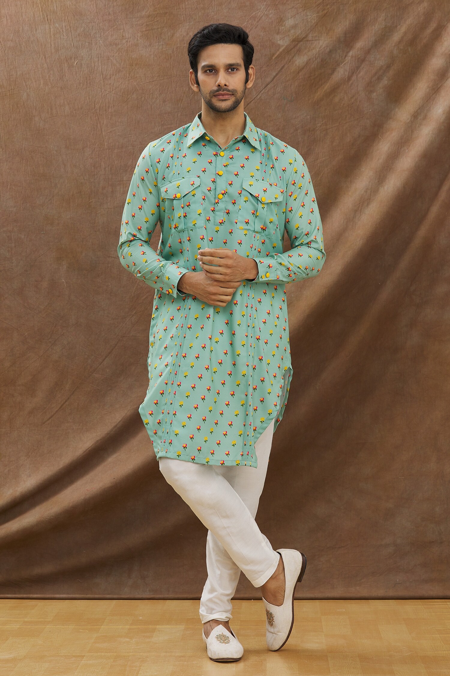 Buy Priyanka Haralalka Green Muslin Printed Pathani Kurta Set Online ...