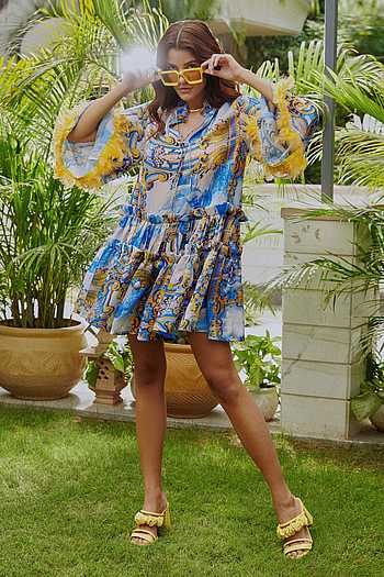 Buy Cin Cin Blue Satin Floral Print Dress Online | Aza Fashions