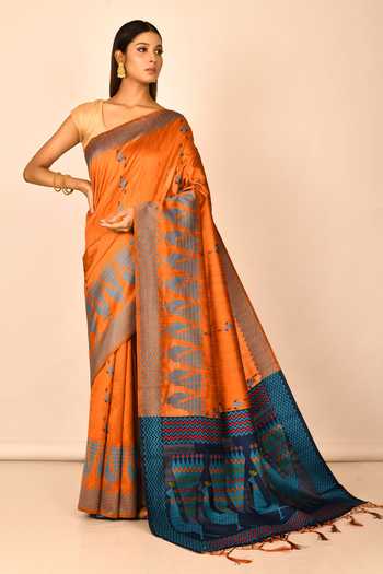 Buy Nazaakat by Samara Singh Orange Handloom Cotton Chevron Woven Saree ...