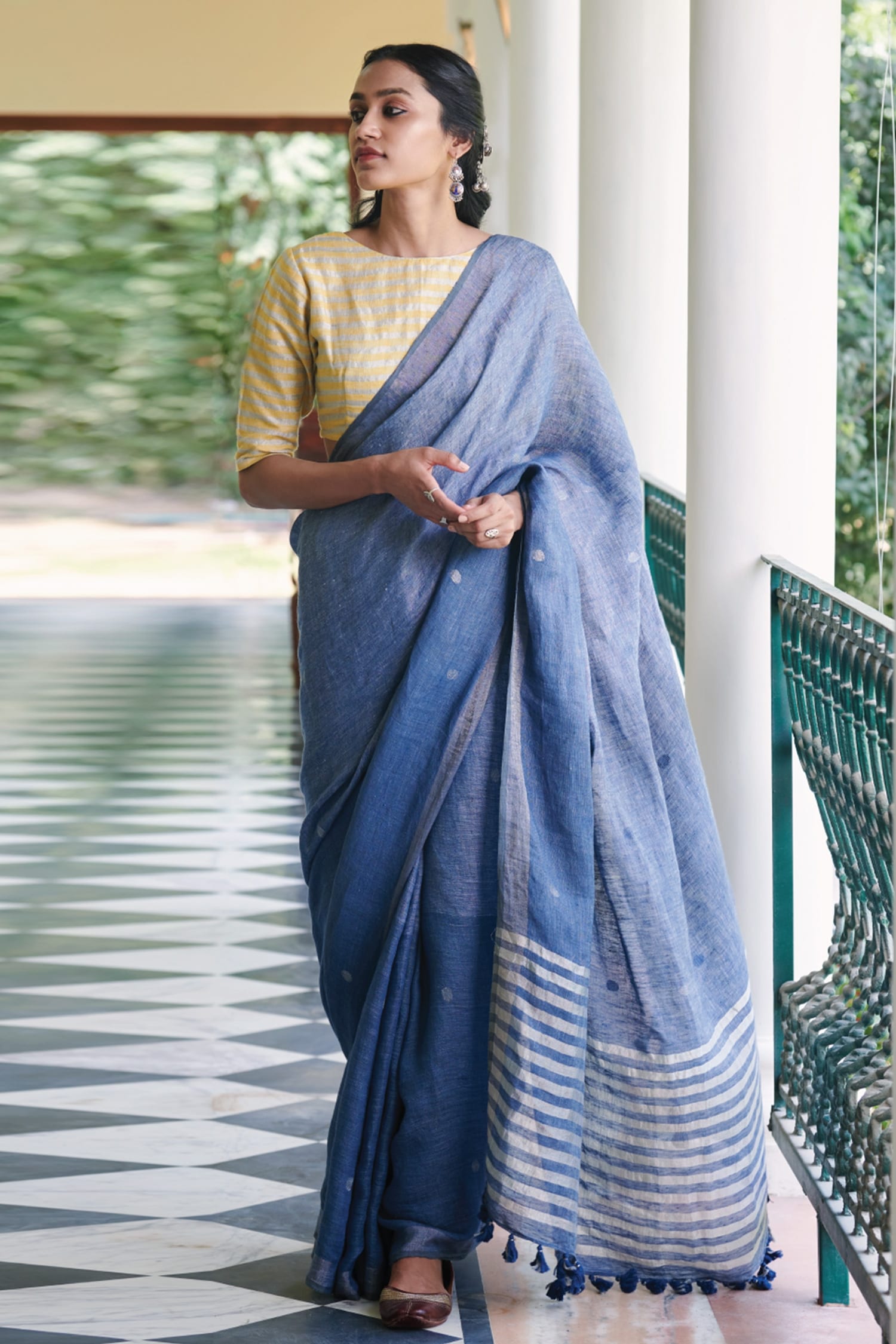 Buy Dressfolk Blue Zara Handloom Linen Striped Saree Online | Aza Fashions