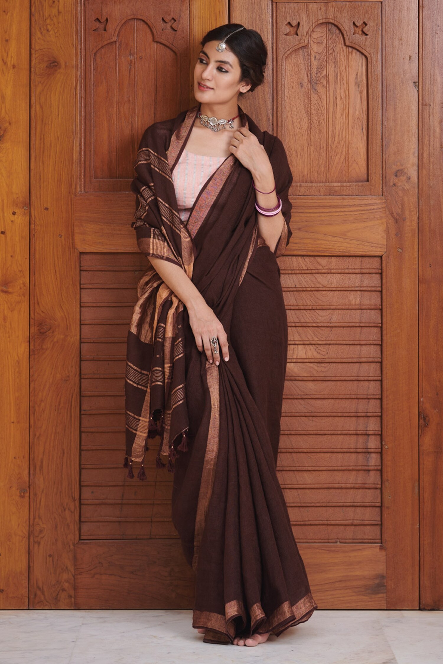 Buy Maroon 100% Handloom Linen Handwoven Striped Aparna Saree For Women by Dressfolk Online at ...