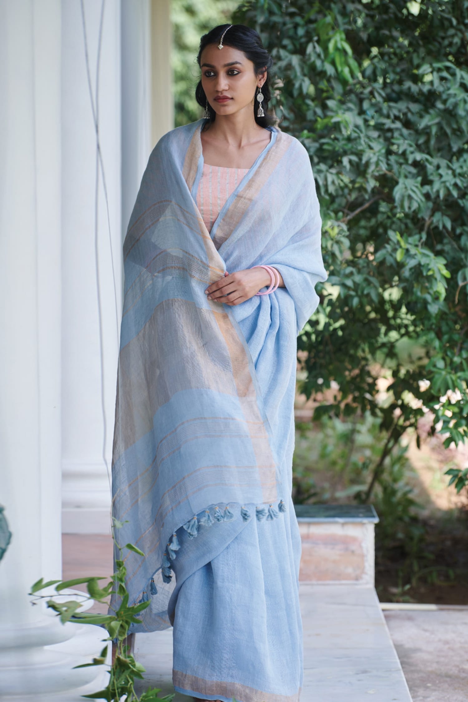 Buy Blue Handloom Linen Jamdani Handwoven Striped Charulata Saree For Women by Dressfolk Online ...