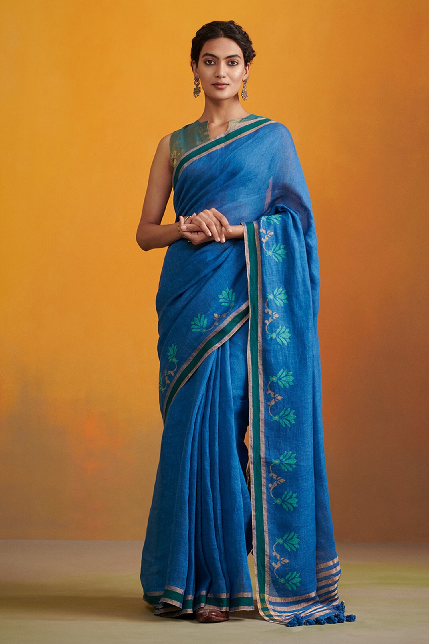 Buy Dressfolk Blue Taheera Handloom Linen Saree Online | Aza Fashions