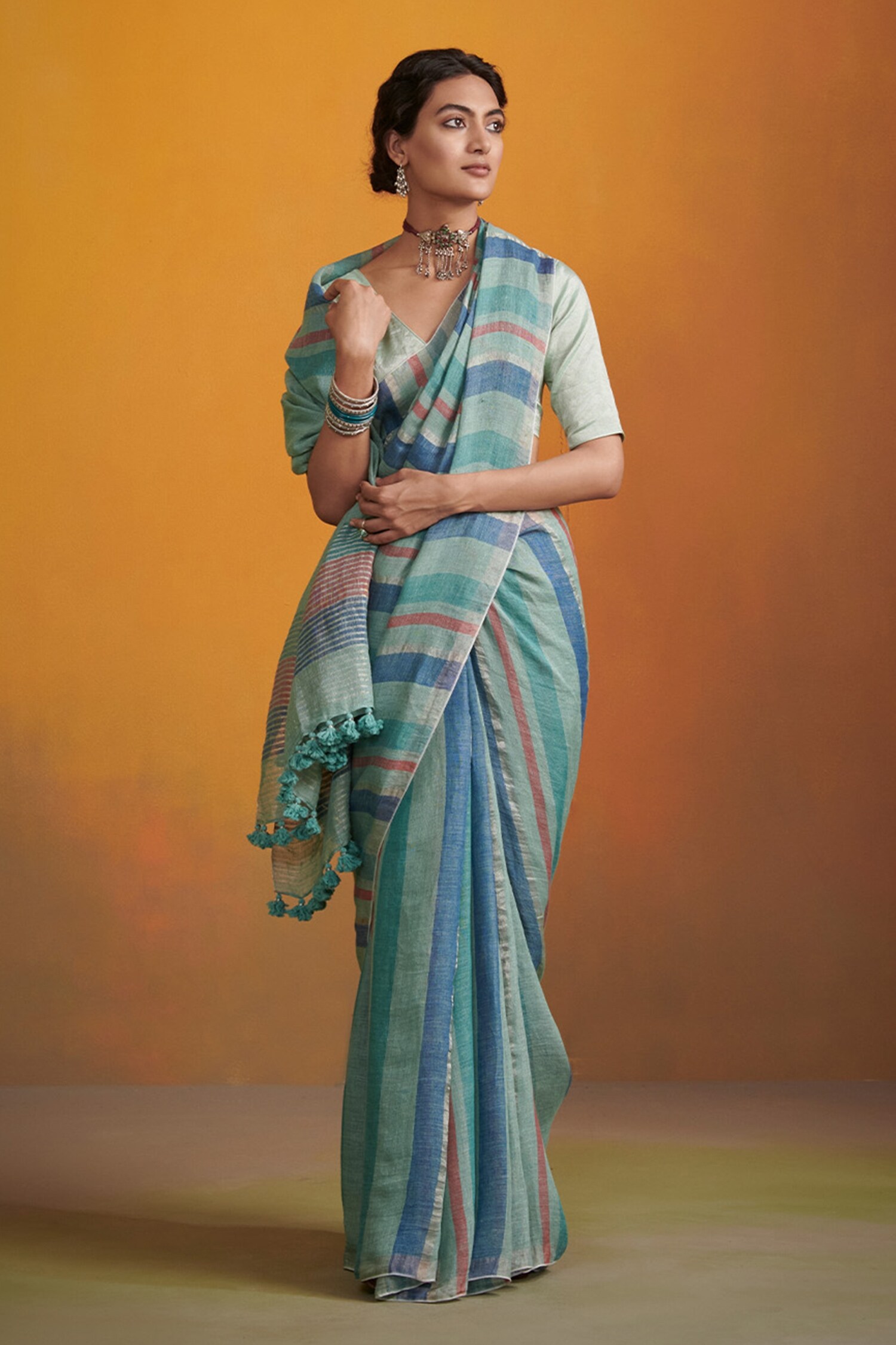 Buy Dressfolk Blue Mirah Handloom Linen Striped Saree Online | Aza Fashions