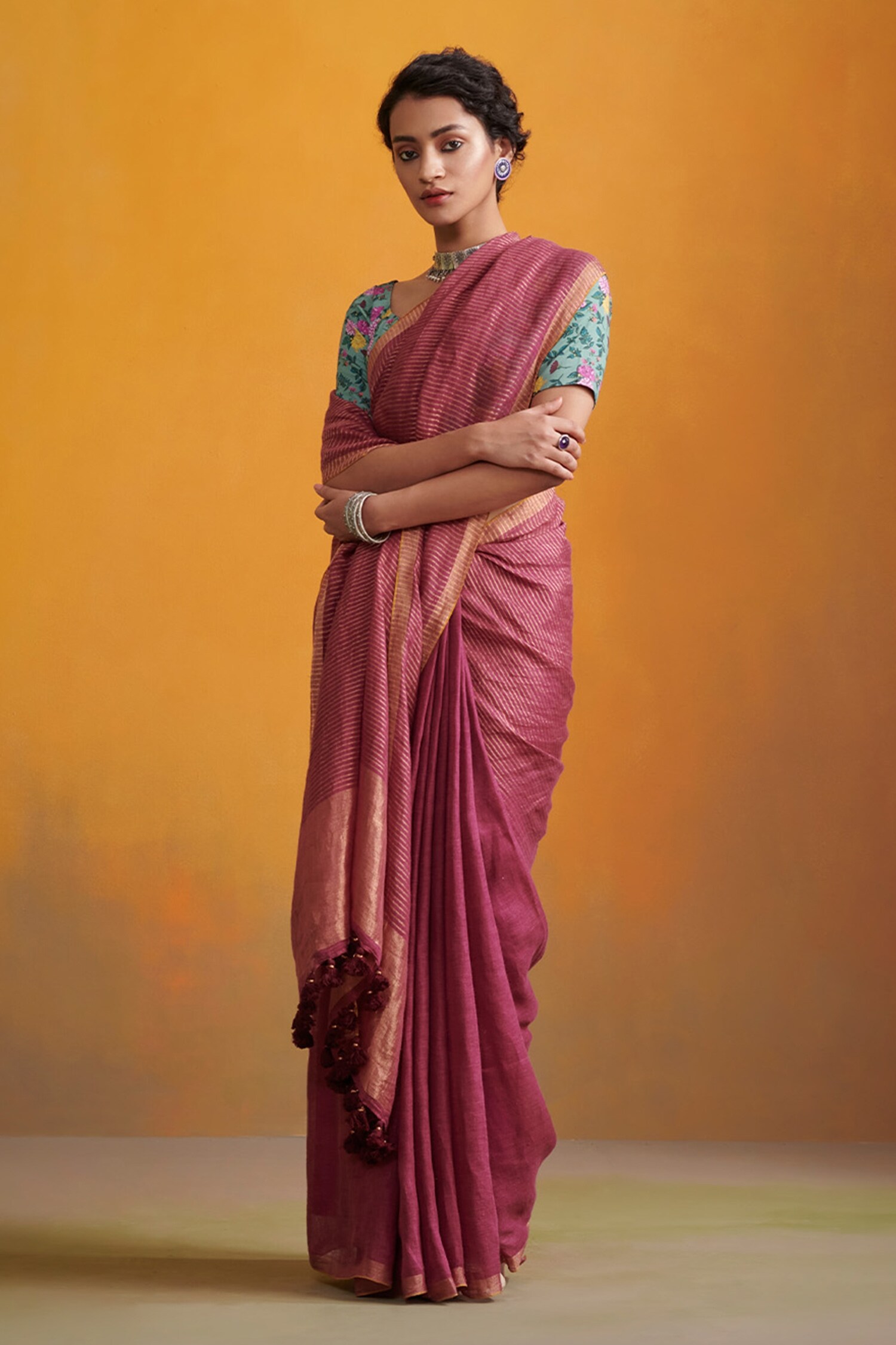 Buy Dressfolk Purple Nairah Handloom Linen Striped Saree Online | Aza ...