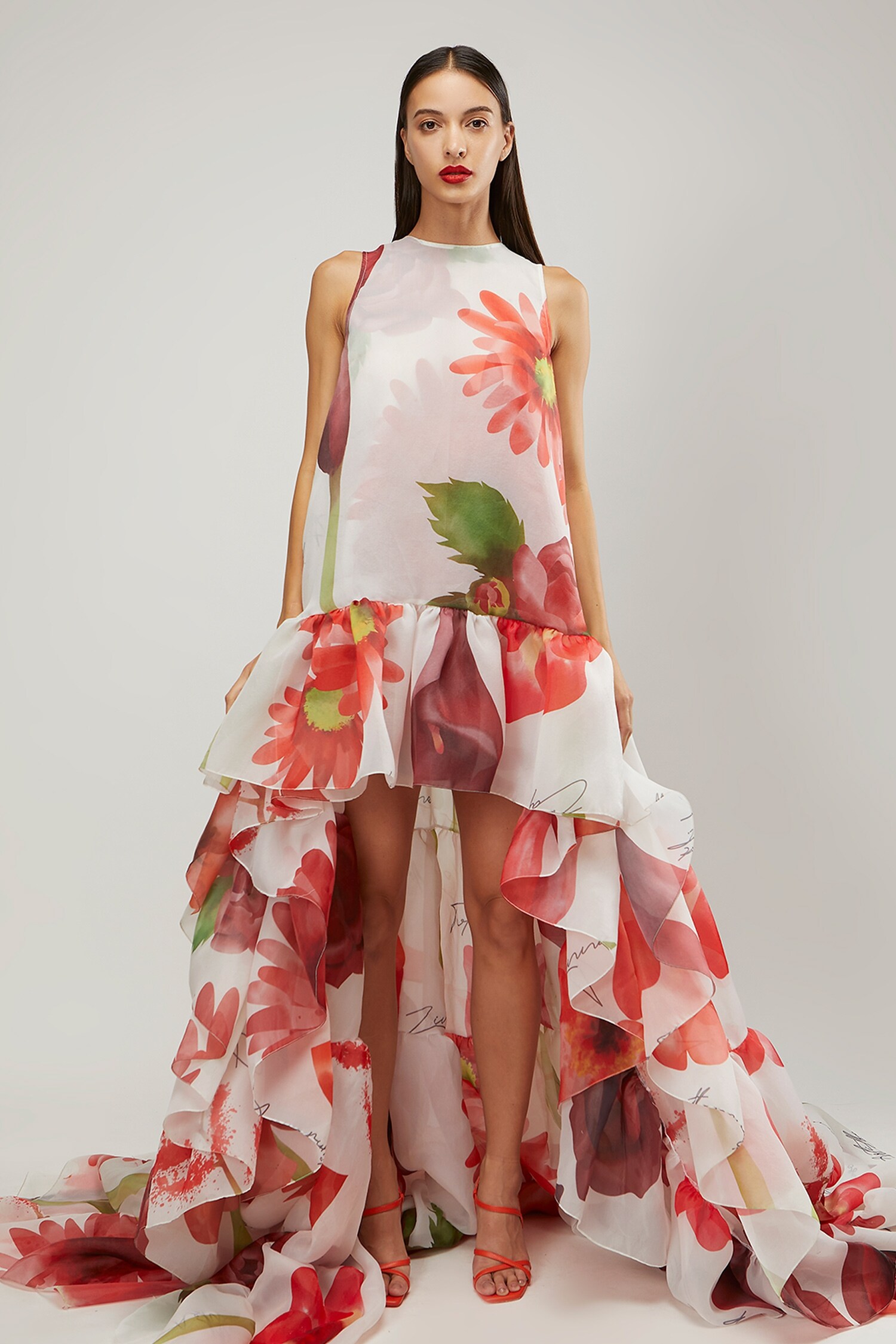 Buy Red Organza Printed Floral Motifs Round Botanical Shift Gown For ...