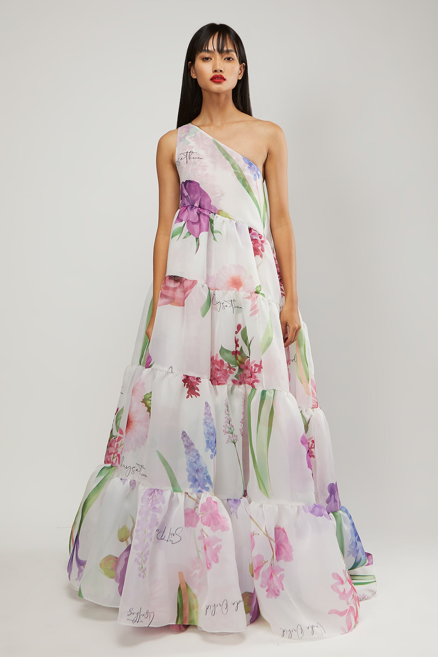 Buy Purple Organza Printed Floral Motifs One Botanical Tiered Shift ...