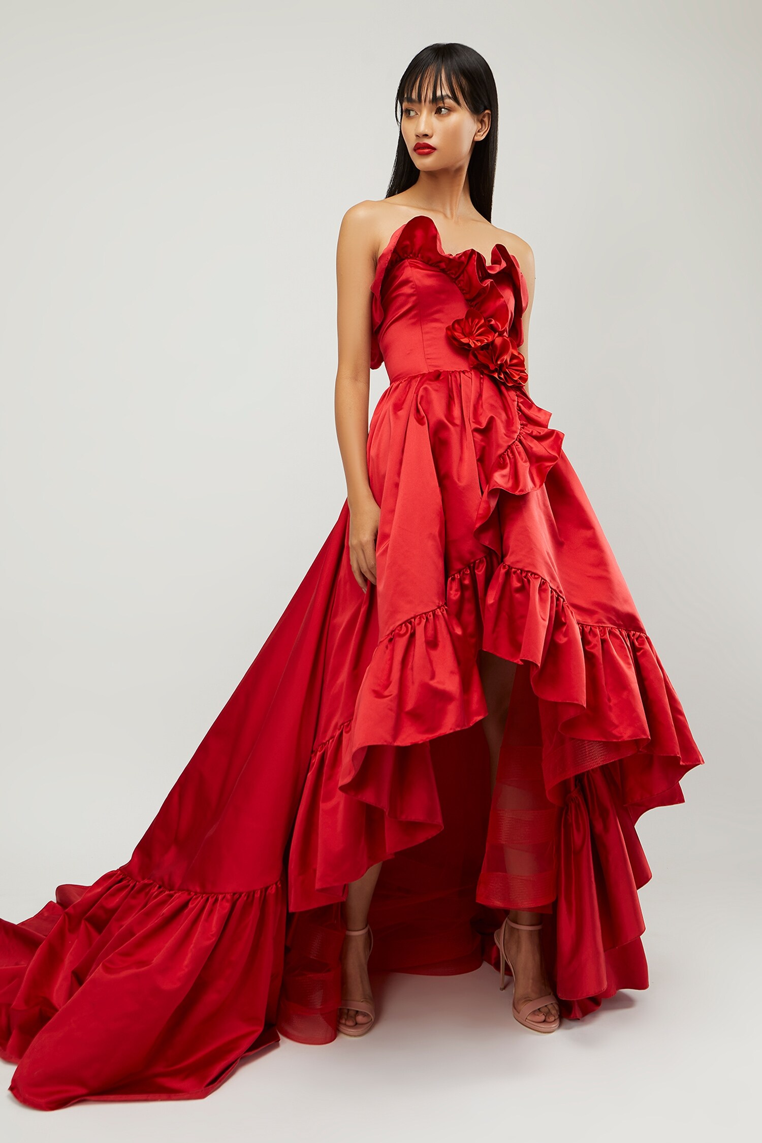 Buy Red Duchess Satin Solid Asymmetric Frill Dress For Women by Gauri ...
