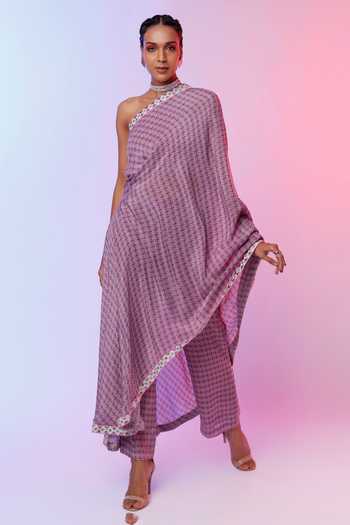 Buy Purple Crepe Silk Embroidered Thread Work One Printed Tunic And ...