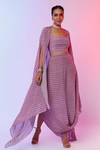 Buy SVA by Sonam & Paras Modi Purple Crepe Silk Lattice Print Cape And ...