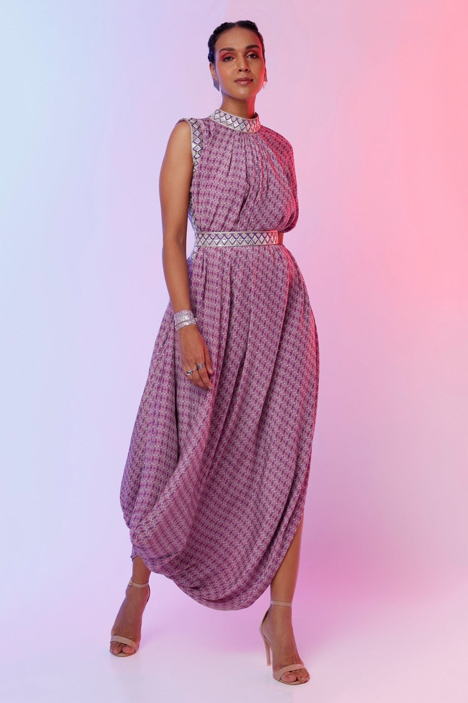 Buy SVA by Sonam & Paras Modi Purple Crepe Silk Lattice Print Cowl Gown ...