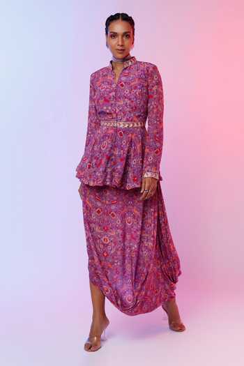 Buy SVA by Sonam & Paras Modi Purple Crepe Silk Saanjh Print Peplum Top ...