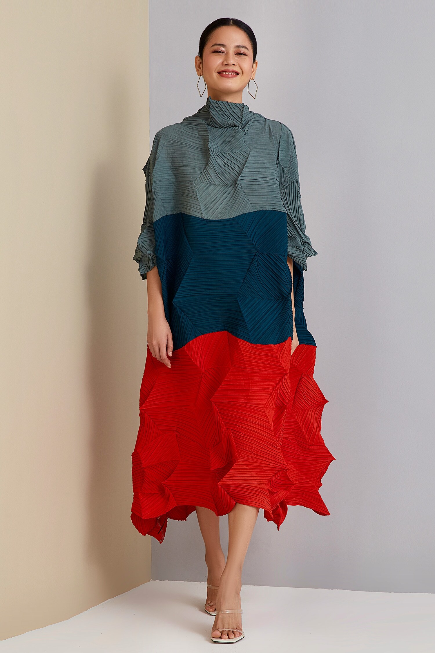 Buy Scarlet Sage Green Polyester Mona Colorblock 3d Pleated Dress ...