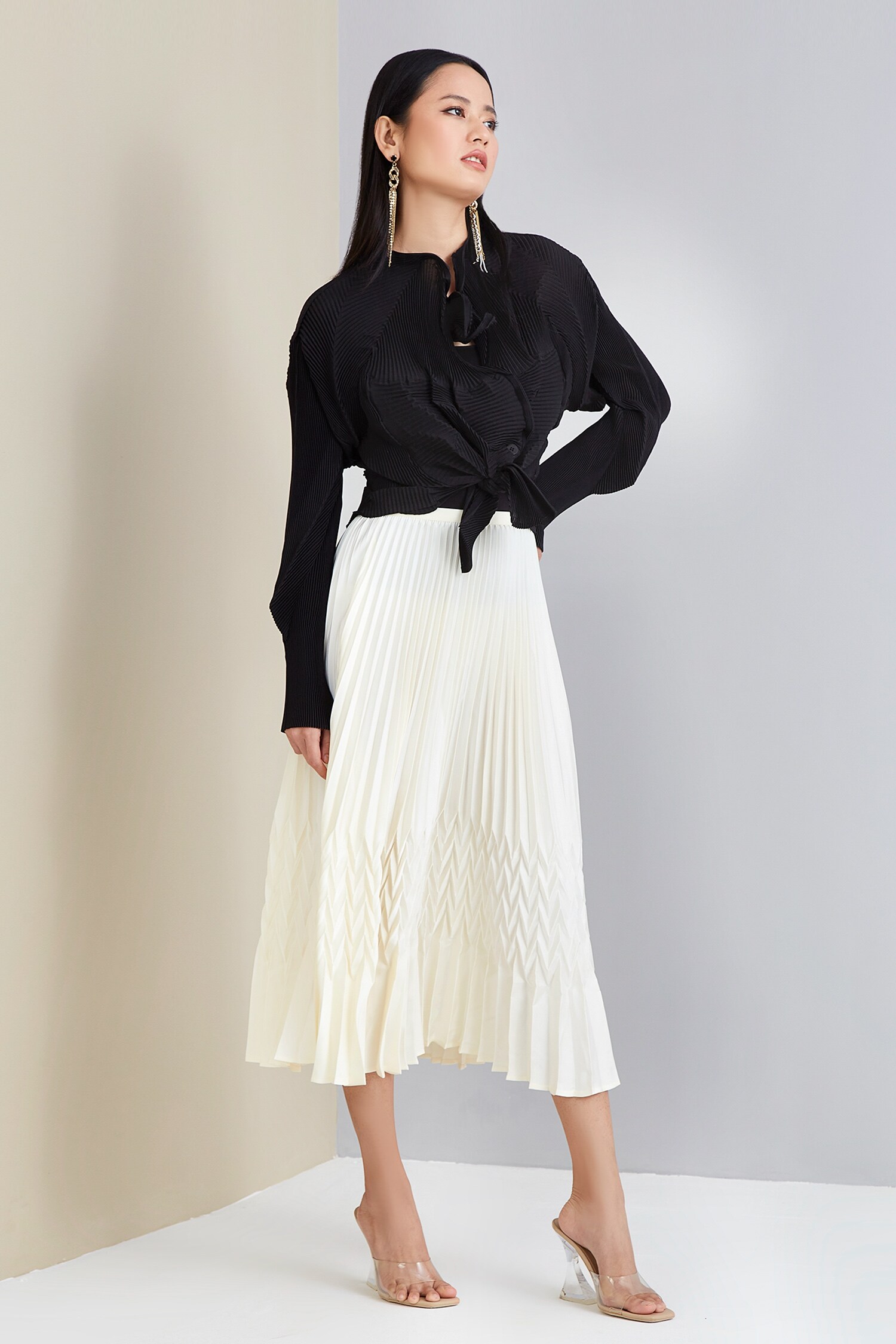 Buy Scarlet Sage Black Izzy Tie-up Pleated Shirt Online | Aza Fashions