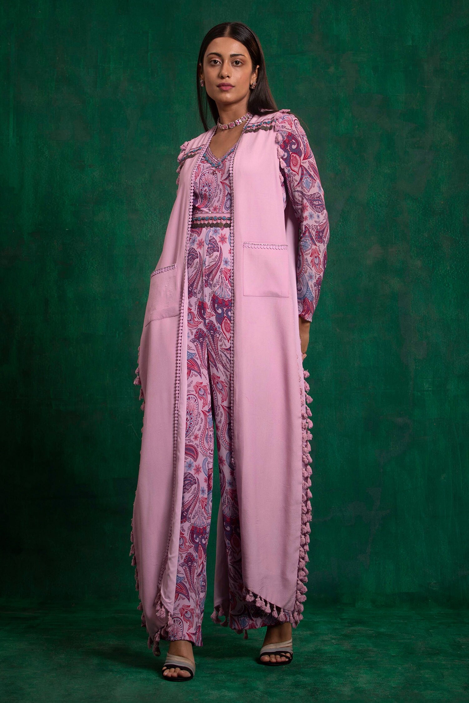 Buy Awigna Purple Crepe Paisley Print Jumpsuit With Cape Online | Aza Fashions
