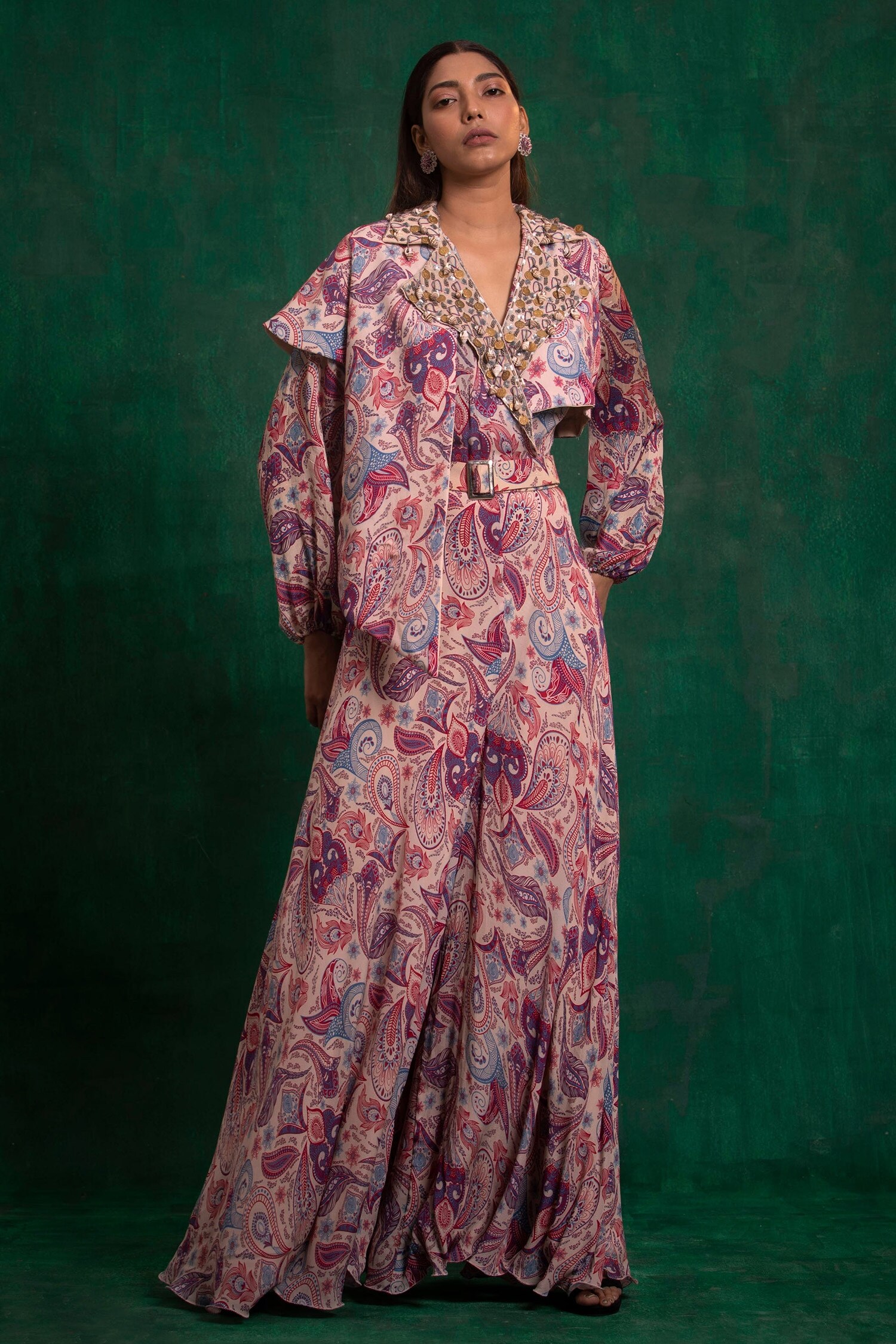 Buy Awigna Beige Crepe Draped Jacket Style Jumpsuit Online | Aza Fashions