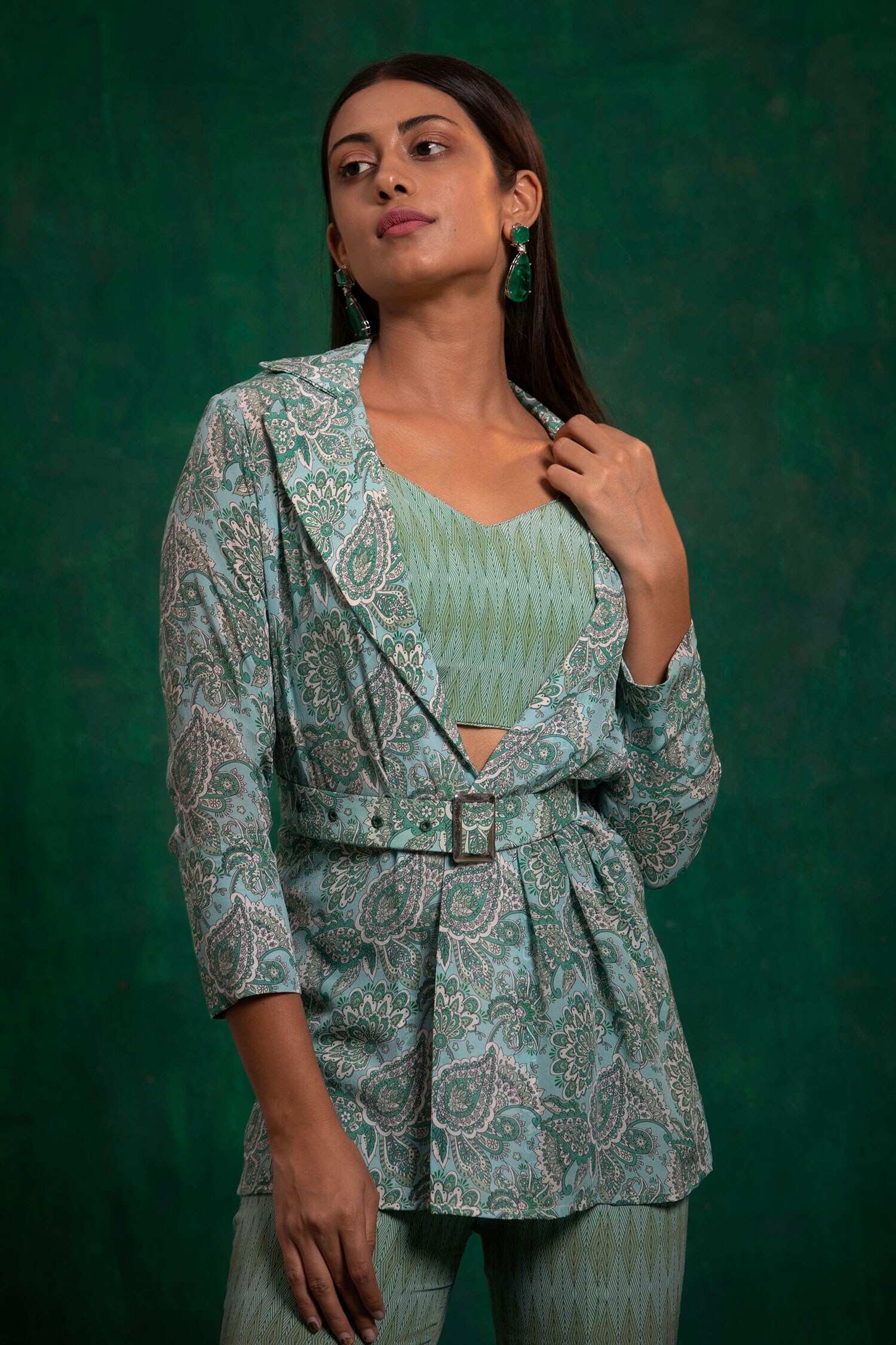 Buy Awigna Green Crepe Paisley Print Jacket Pant Set Online | Aza Fashions